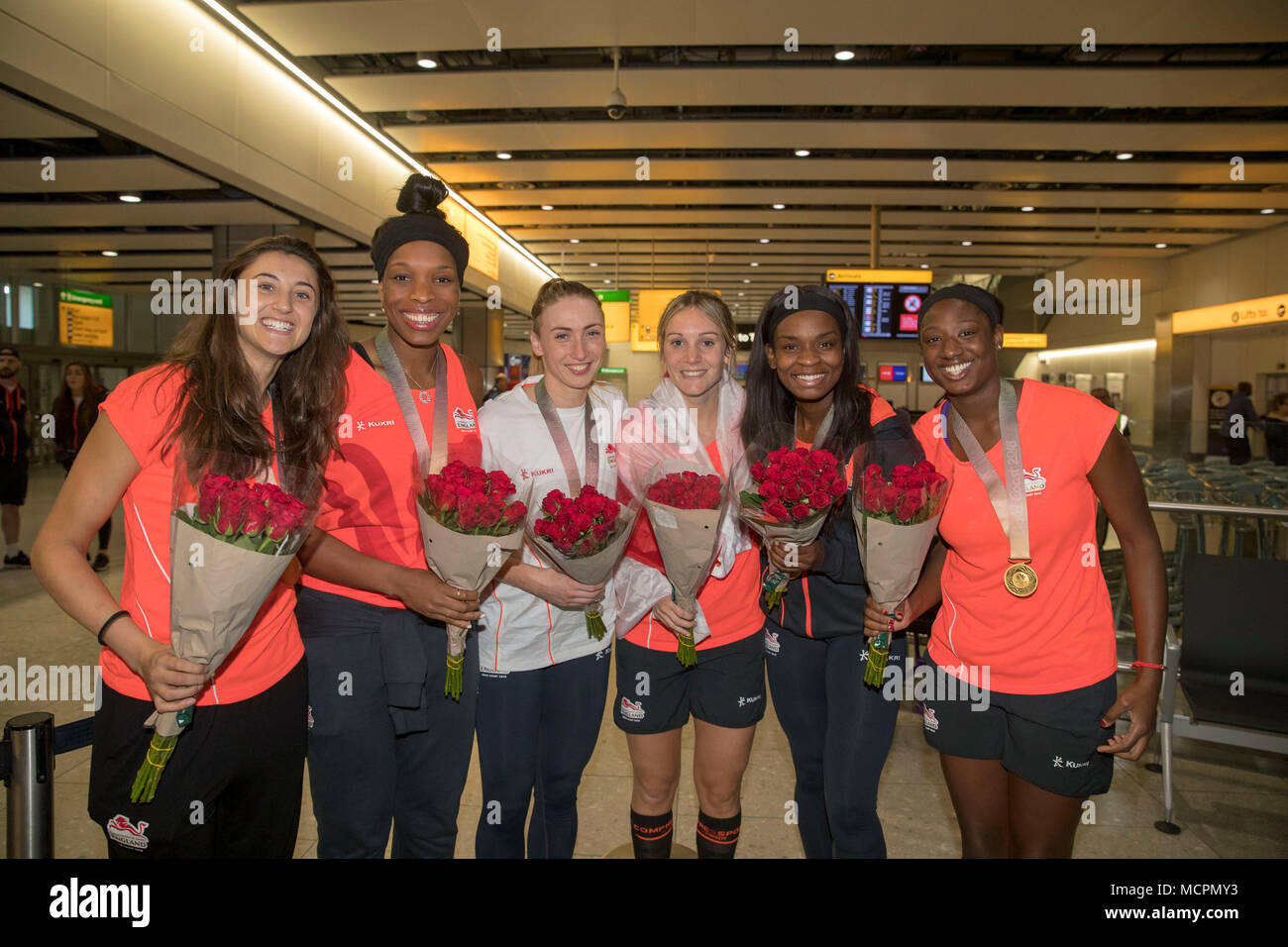 Members of the England women's Netball team (from left to right) Beth ...