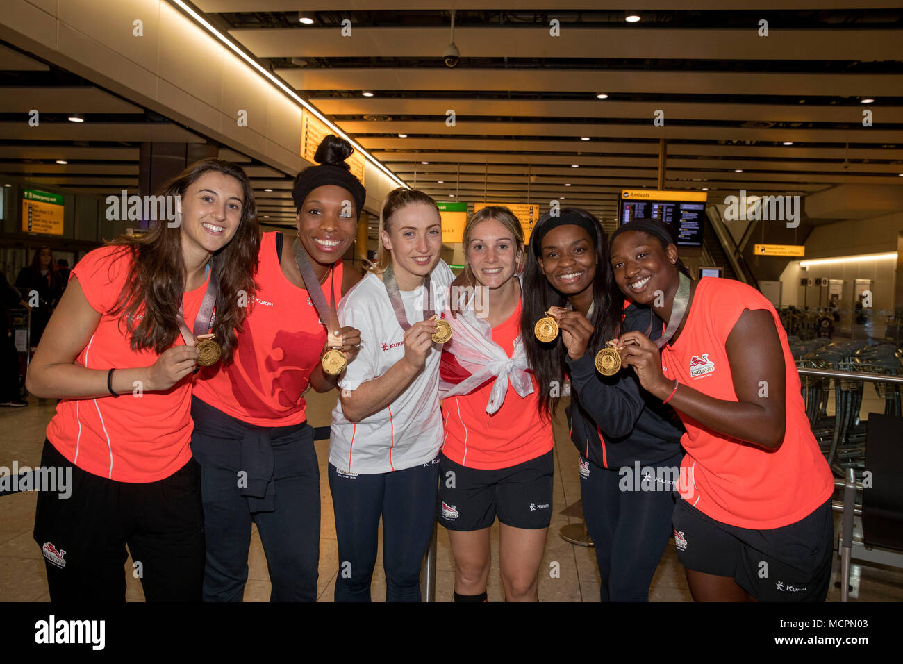 Members of the England women's Netball team (from left to right) Beth ...