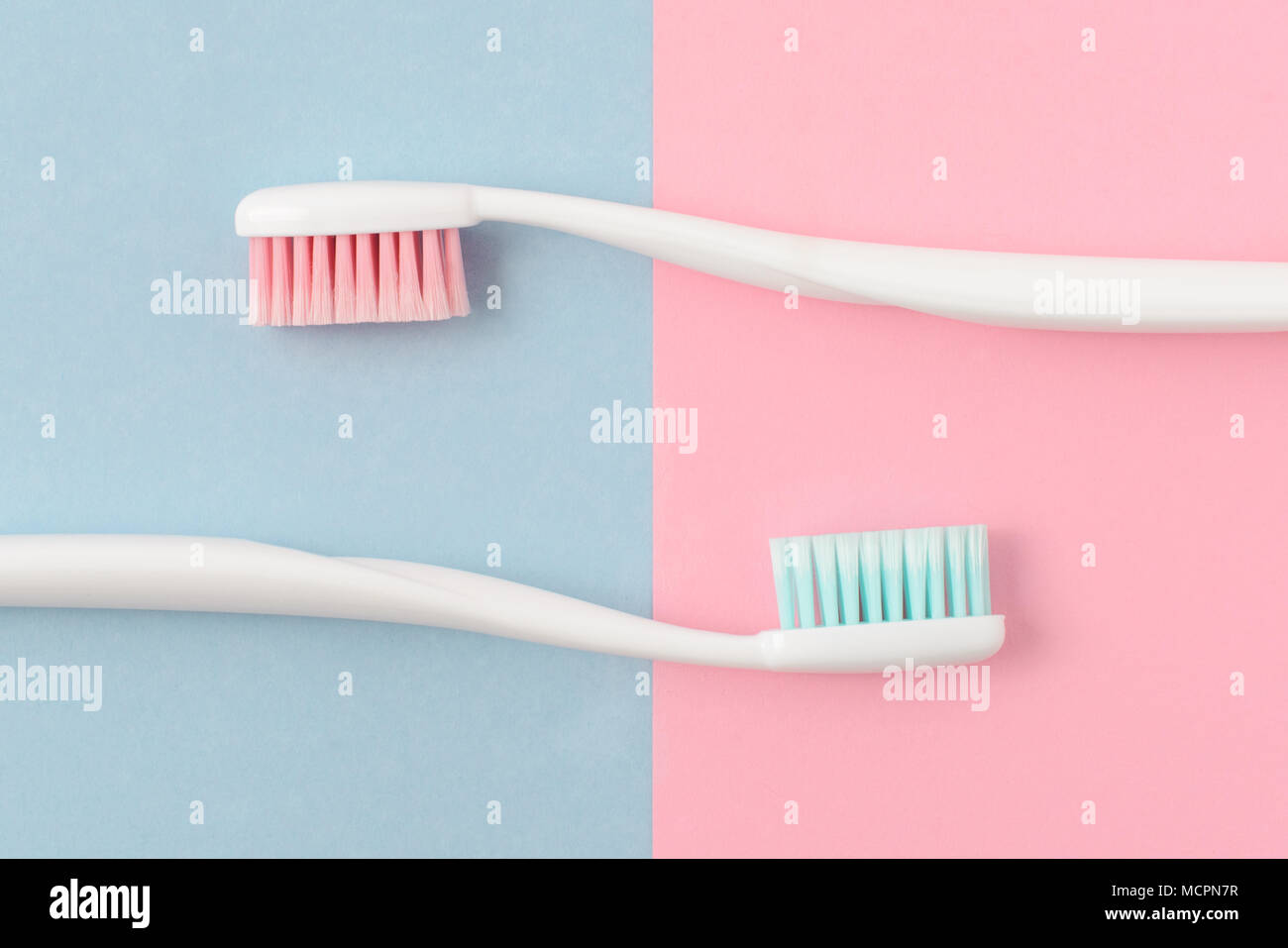 Close up of two plastic white toothbrushes with pink and blue bristle ...