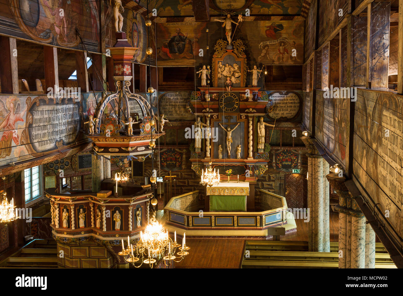 Interior view of an old Wooden Church Stock Photo - Alamy