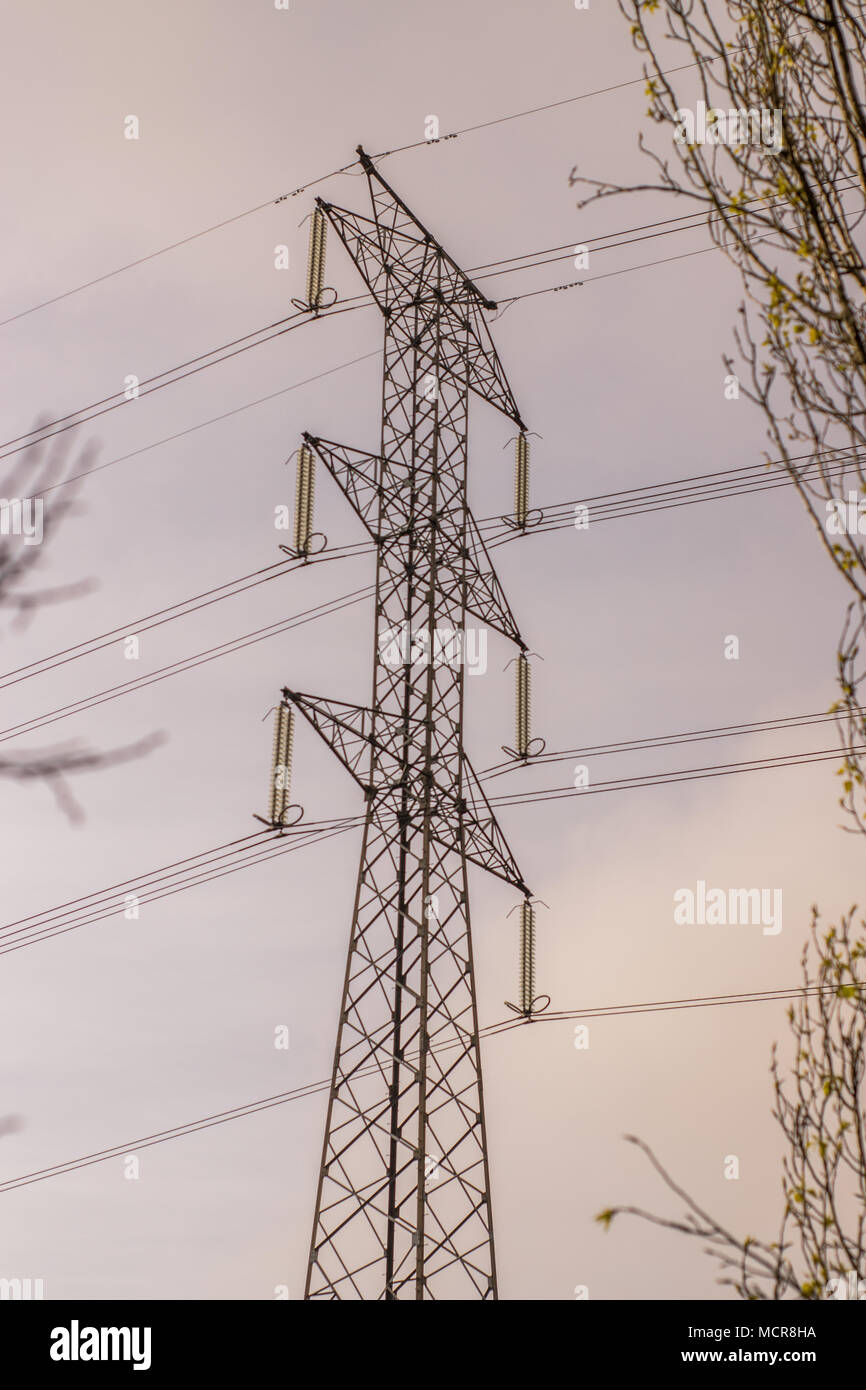 Eletric station, cable tower on the landscape Stock Photo - Alamy