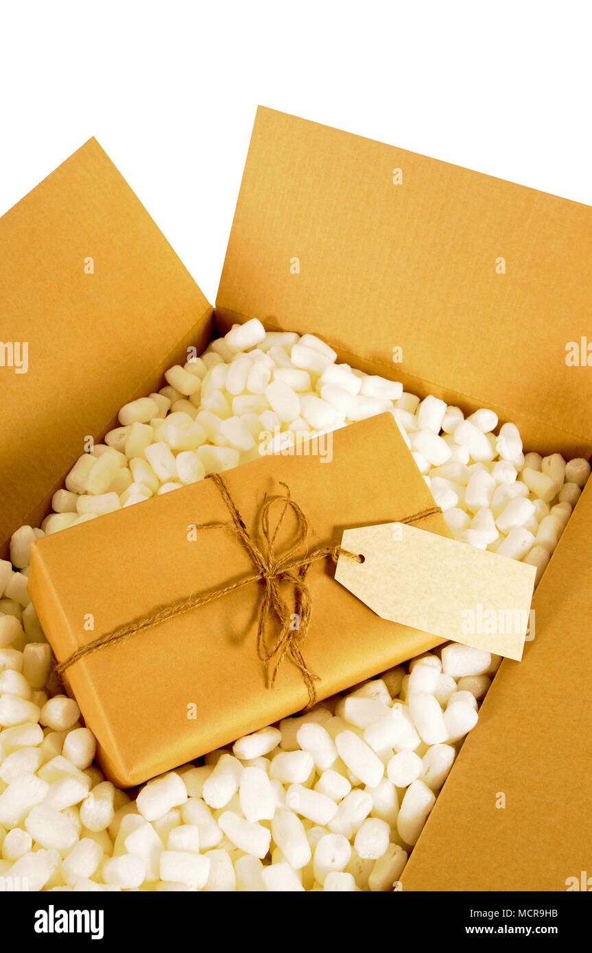 Cardboard delivery box with brown paper mail package and polystyrene ...