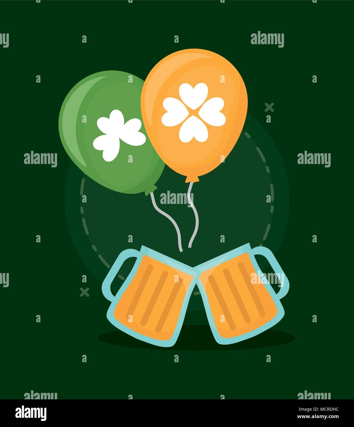 beer jars and decorative balloons over green background, colorful ...