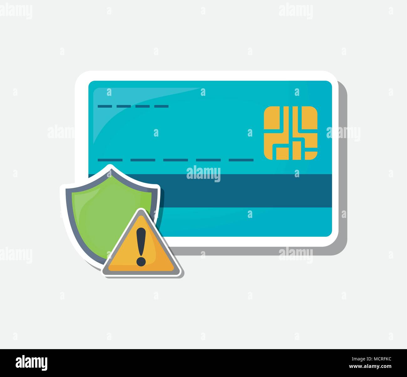 credit card with shield and warning sign over white background ...