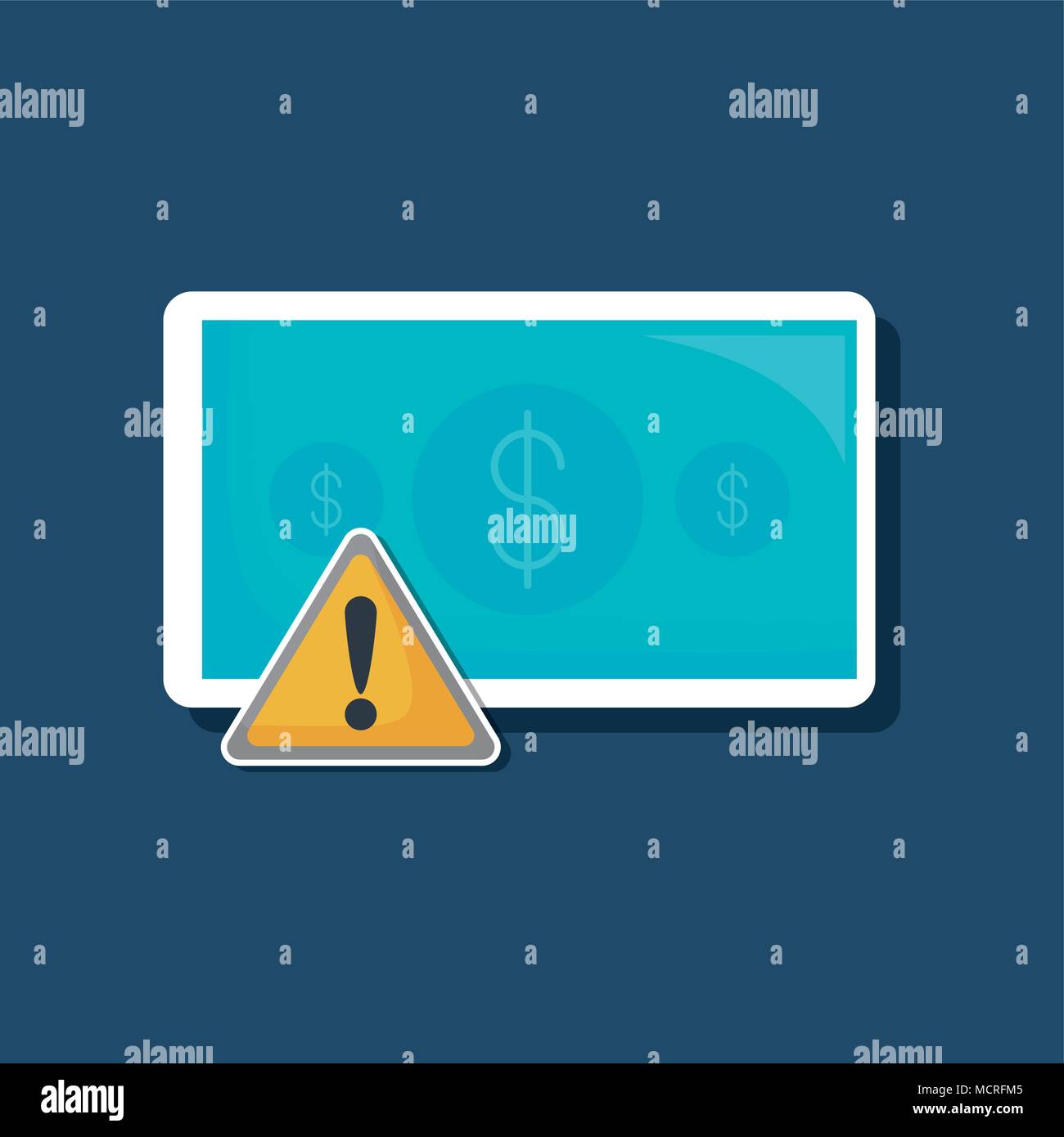 money bill and warning sign over blue background, colorful design ...