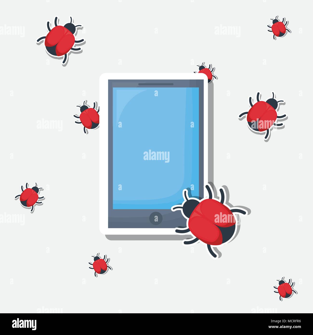 smartphone with virus bugs over white background, colorful design ...