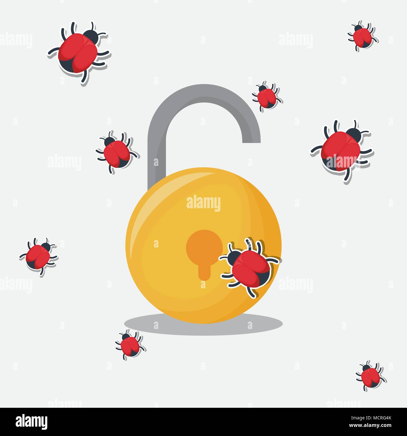 cyber security design with padlock and virus bugs around over white ...
