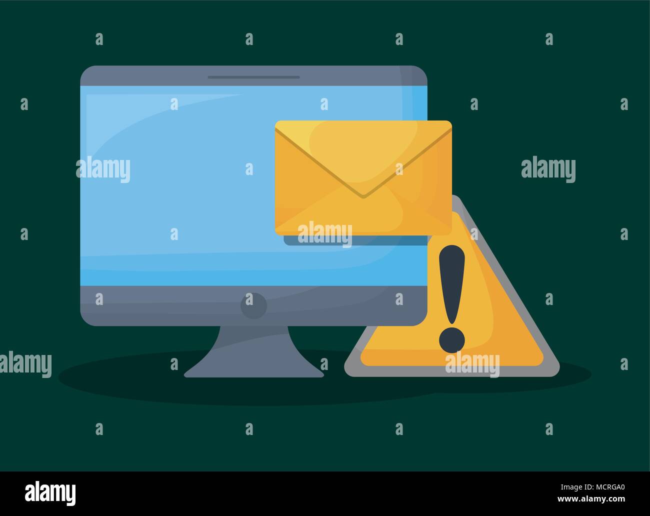 computer with warning sign over green background, colorful design ...