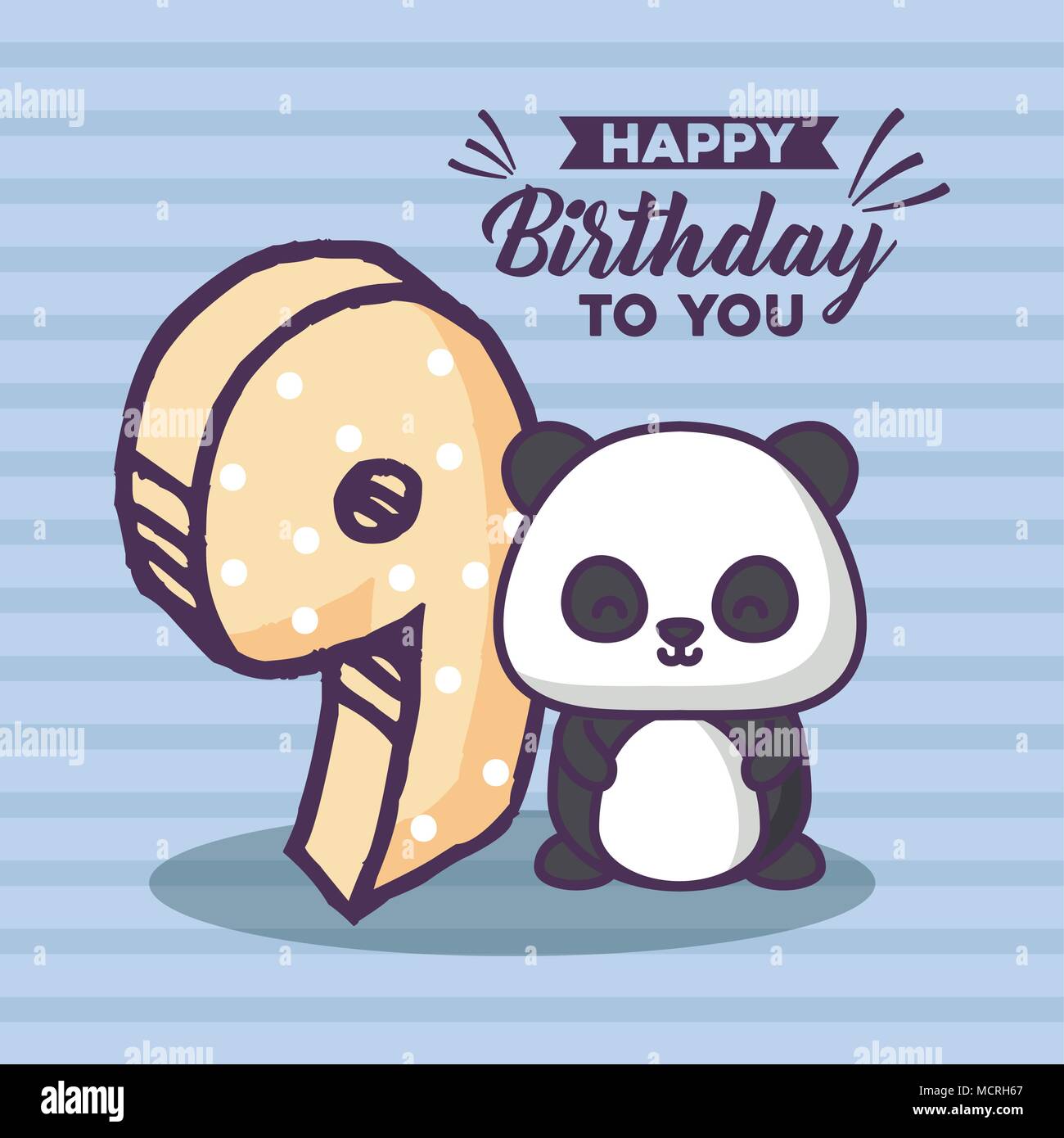 Happy birthday design with number nine and cute panda bear icon over ...