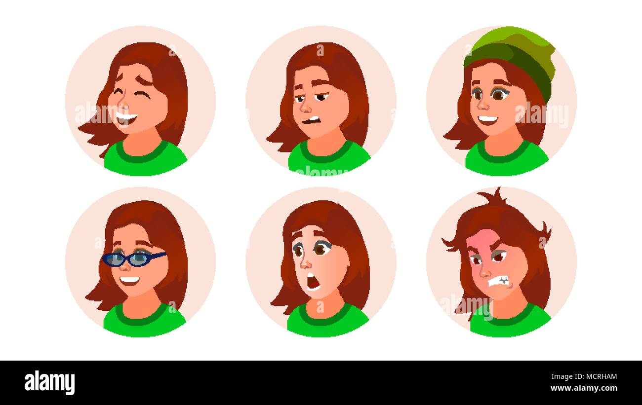 Young Girl Avatar Vector. Teen Woman Face, Emotions Set. Character ...