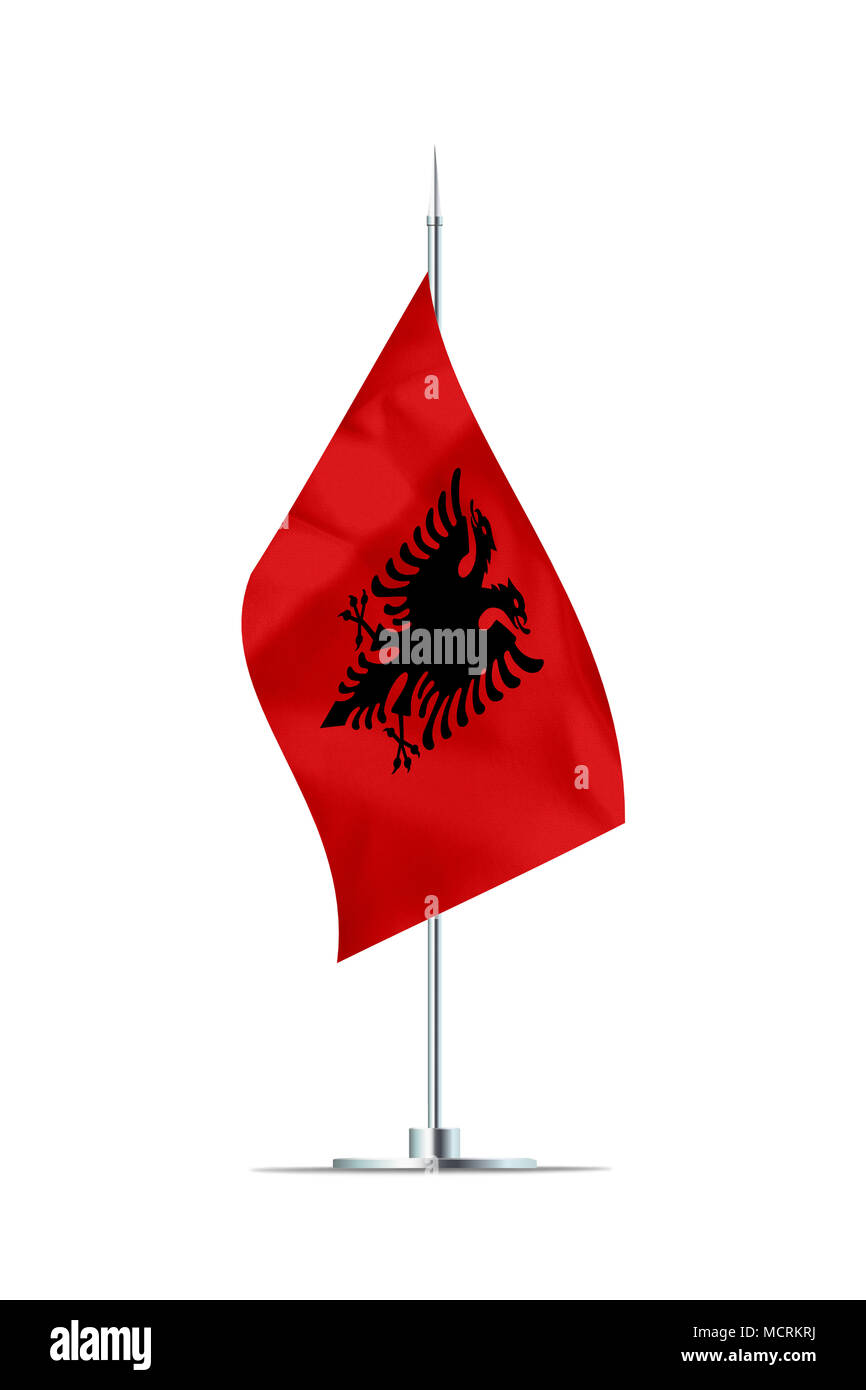 Small Albania flag on a metal pole. The flag has nicely detailed ...