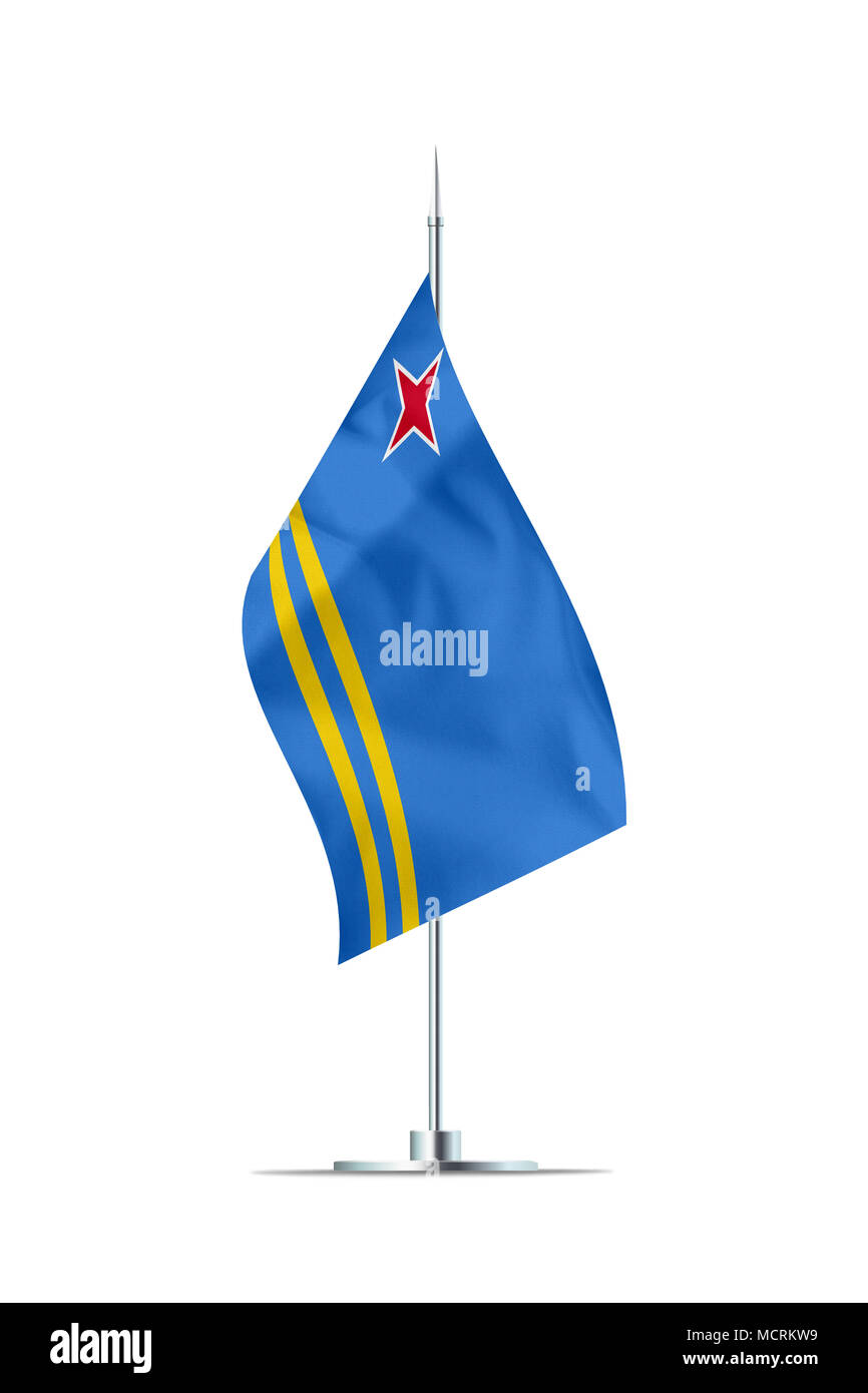 Small Aruba flag on a metal pole. The flag has nicely detailed textile ...