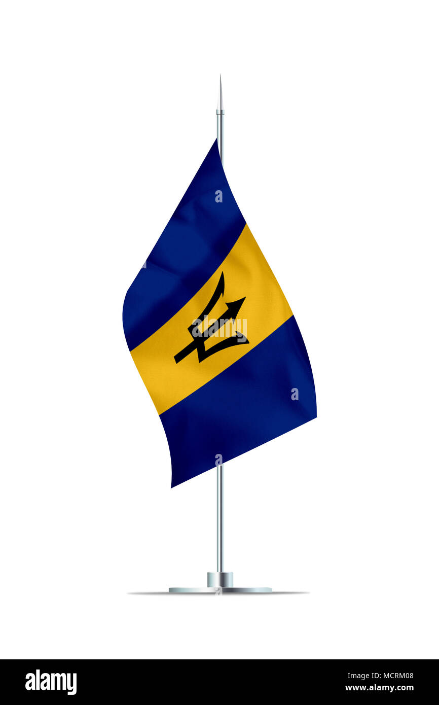 Small Barbados flag on a metal pole. The flag has nicely detailed ...