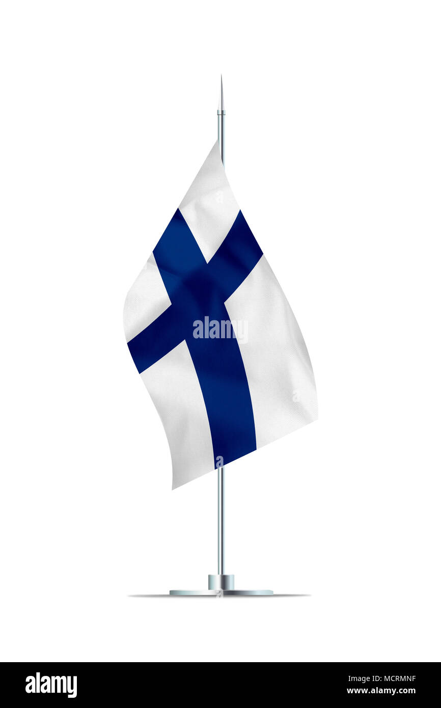 Small Finnish flag on a metal pole. The flag has nicely detailed ...