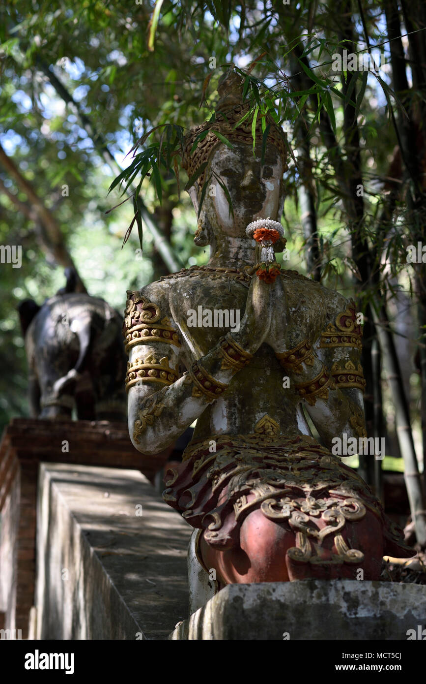 stone, praying statue and elephant figure at temple Wat Pha Lat, Chiang ...