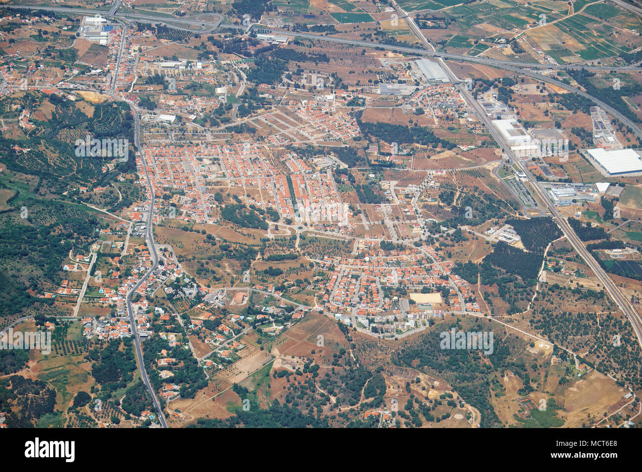 The air view of Setubal district countryside with its fields and road ...