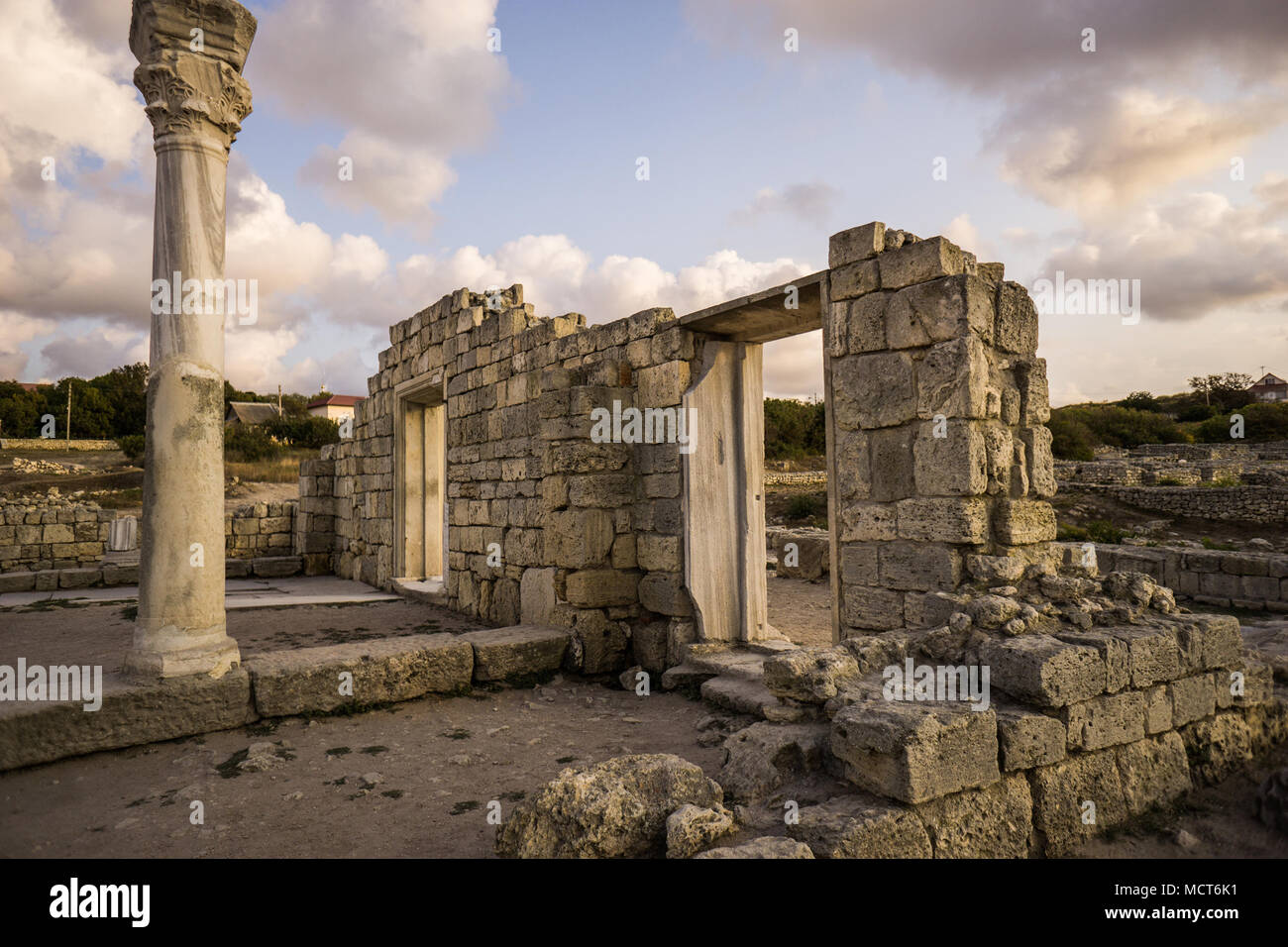Ancient Greek basilica and marble columns in Chersonesus Taurica Stock ...