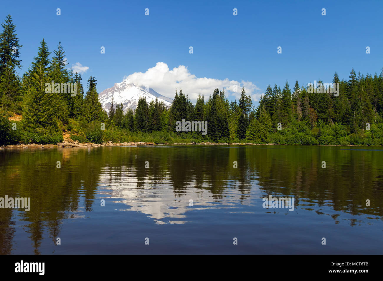 Mount Hood reflection on Mirror Lake on a blue sky day in Oregon Stock ...