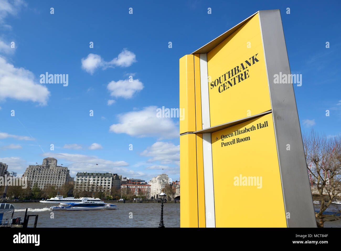 Southbank Centre yellow information sign directing to the entrance of ...