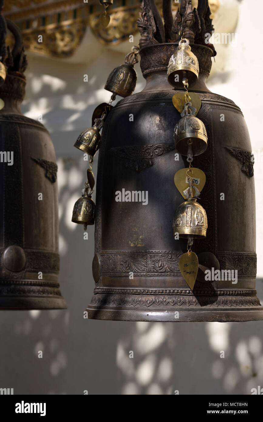 big and small bells at a Buddhist temple Wat, Chiang Mai, Thailand ...