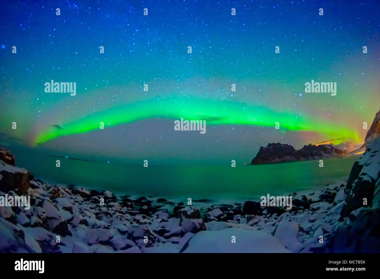 Outdoor view of beautiful multicoloured vibrant Aurora Borealis or ...