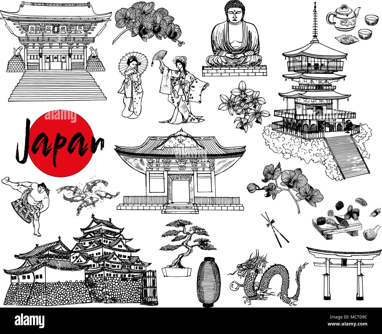 Set of hand drawn sketch style Japanese themed objects isolated on ...