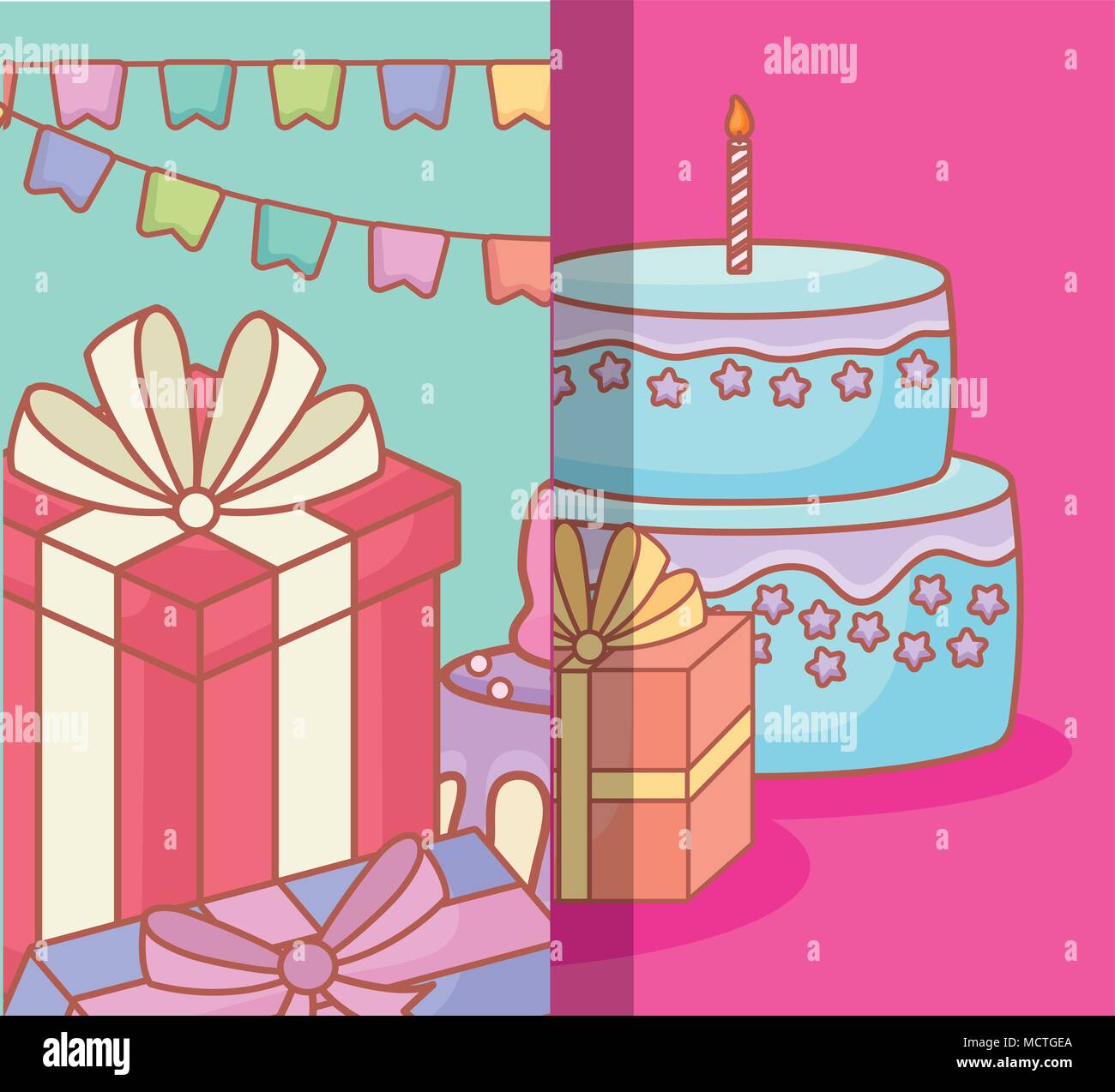 Happy birthday design with birthday cake and gift boxes over colorful ...
