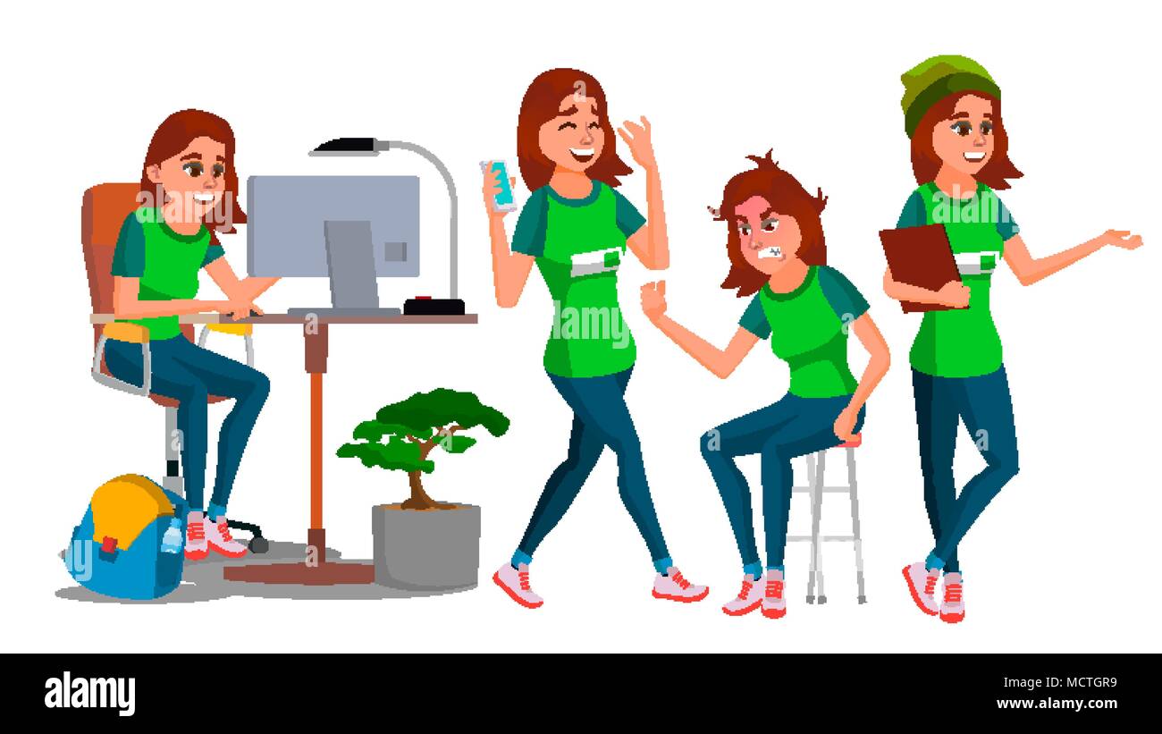 Business Woman Character Vector. Young Female In Different Poses. Teen ...