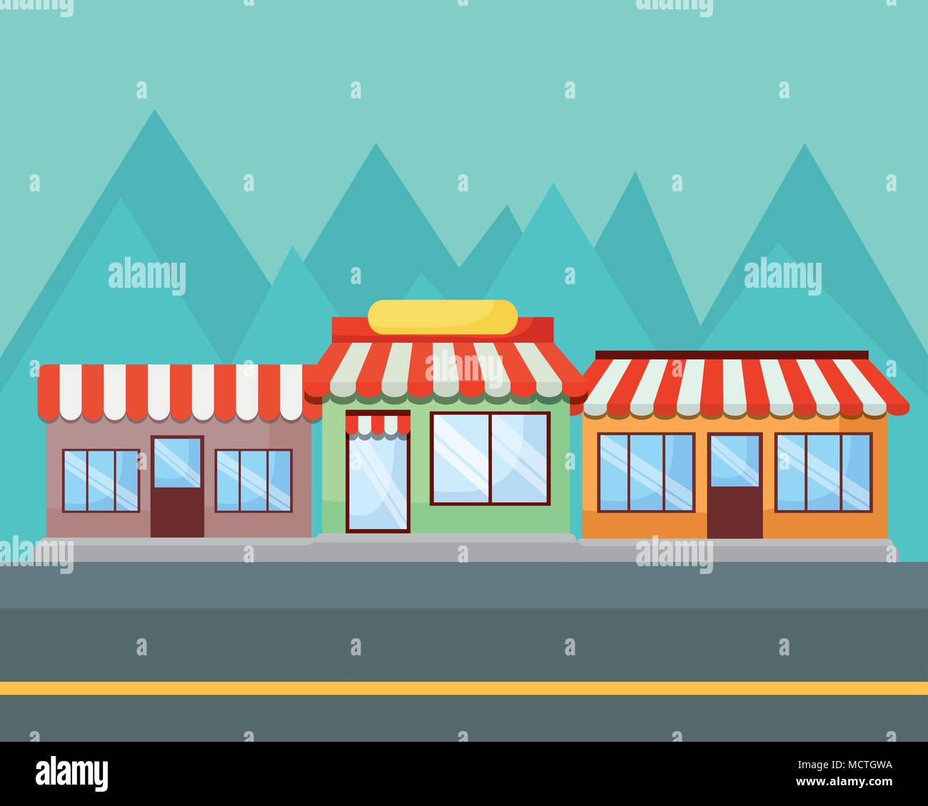Landscape with stores and mountains, colorful design. vector ...