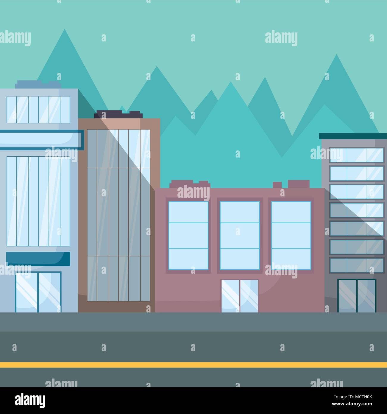 Landscape with row of city buildings and mountains, colorful design ...