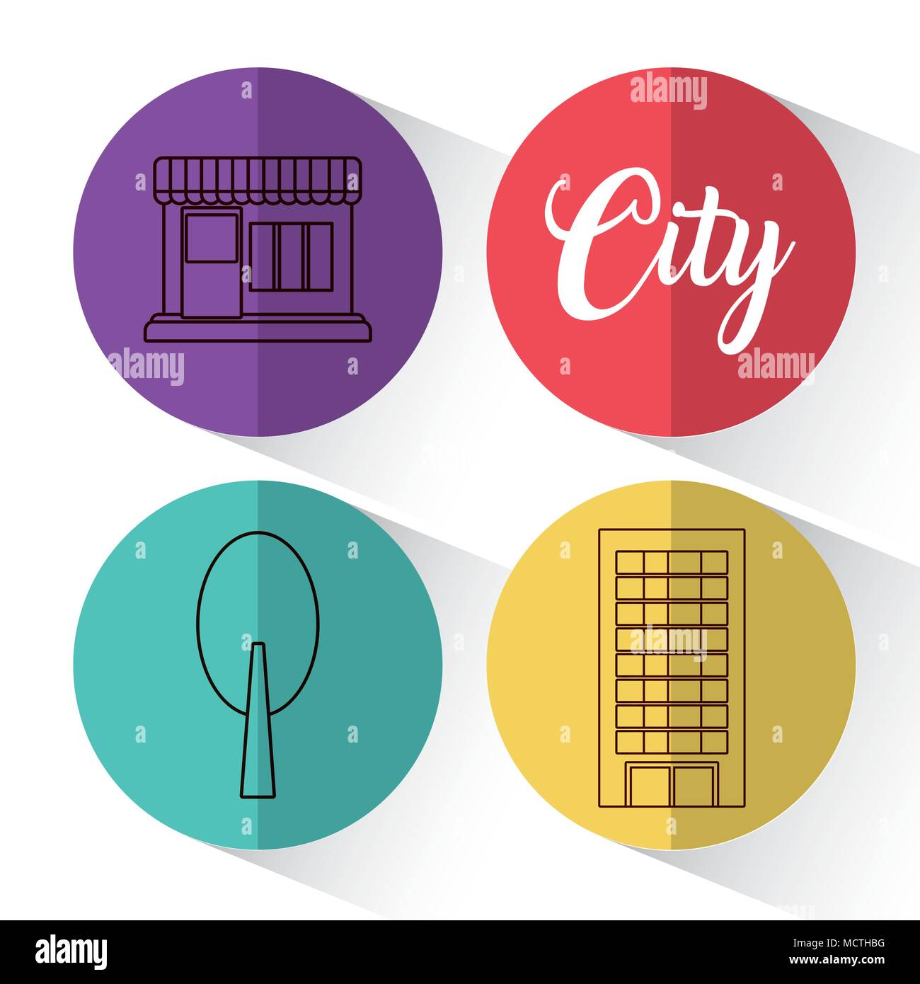 city elements set over colorful circles and white background, vector ...