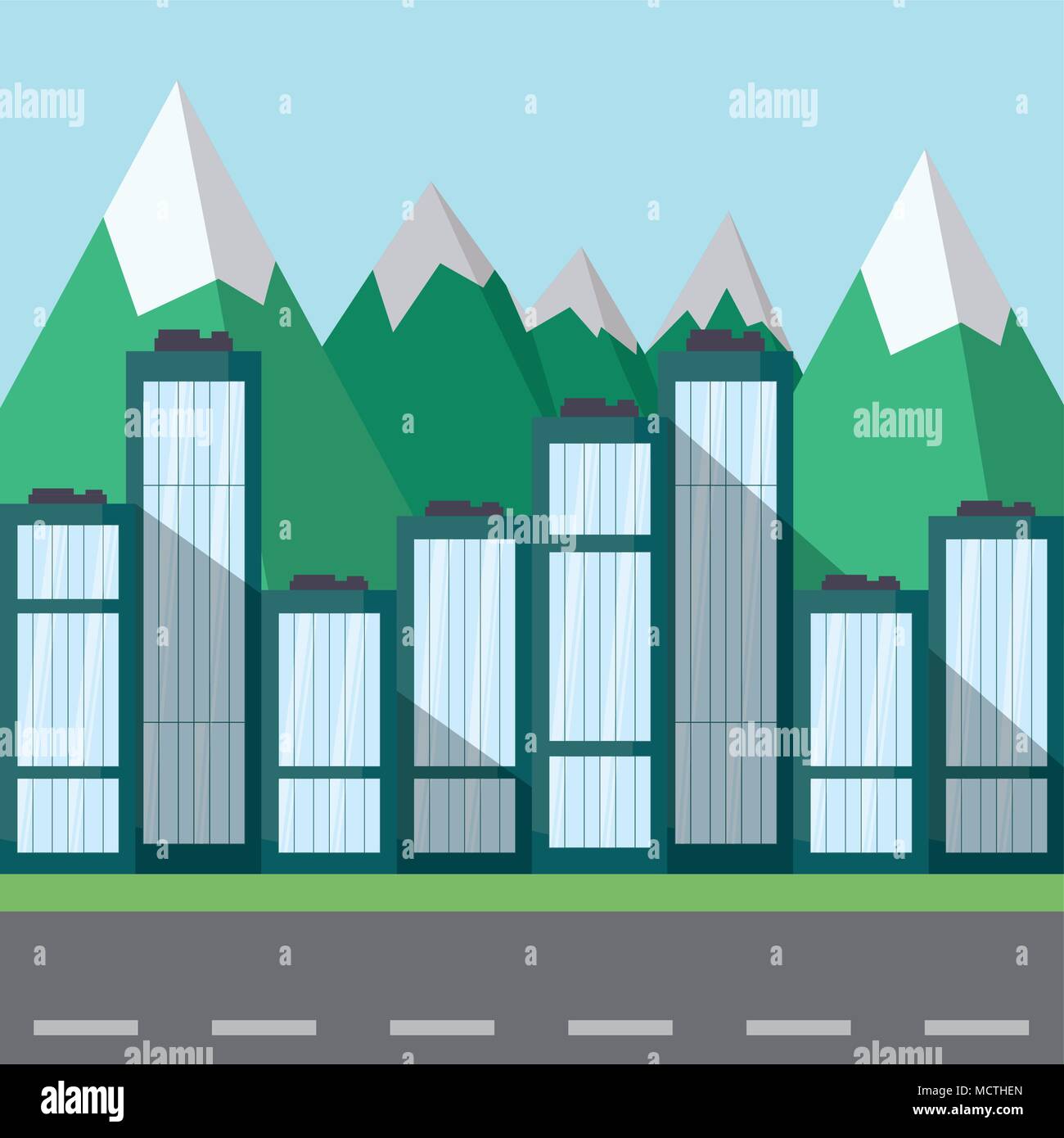 Landscape with row of city buildings and mountains, colorful design ...
