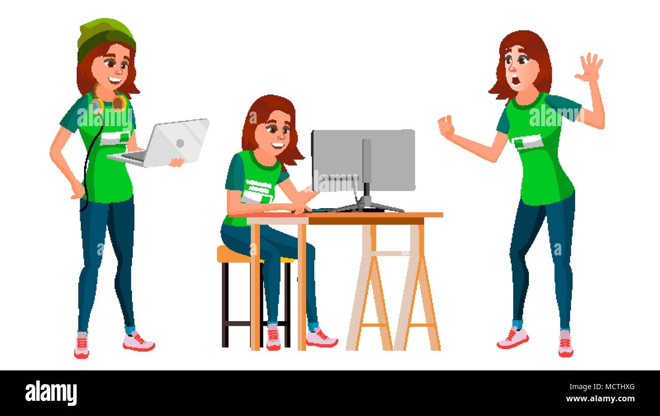 Young Business Woman Character Vector. Expressions. Working On The ...