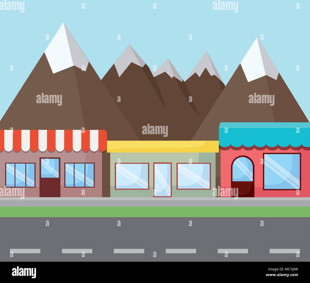 Landscape with stores and mountains, colorful design. vector ...