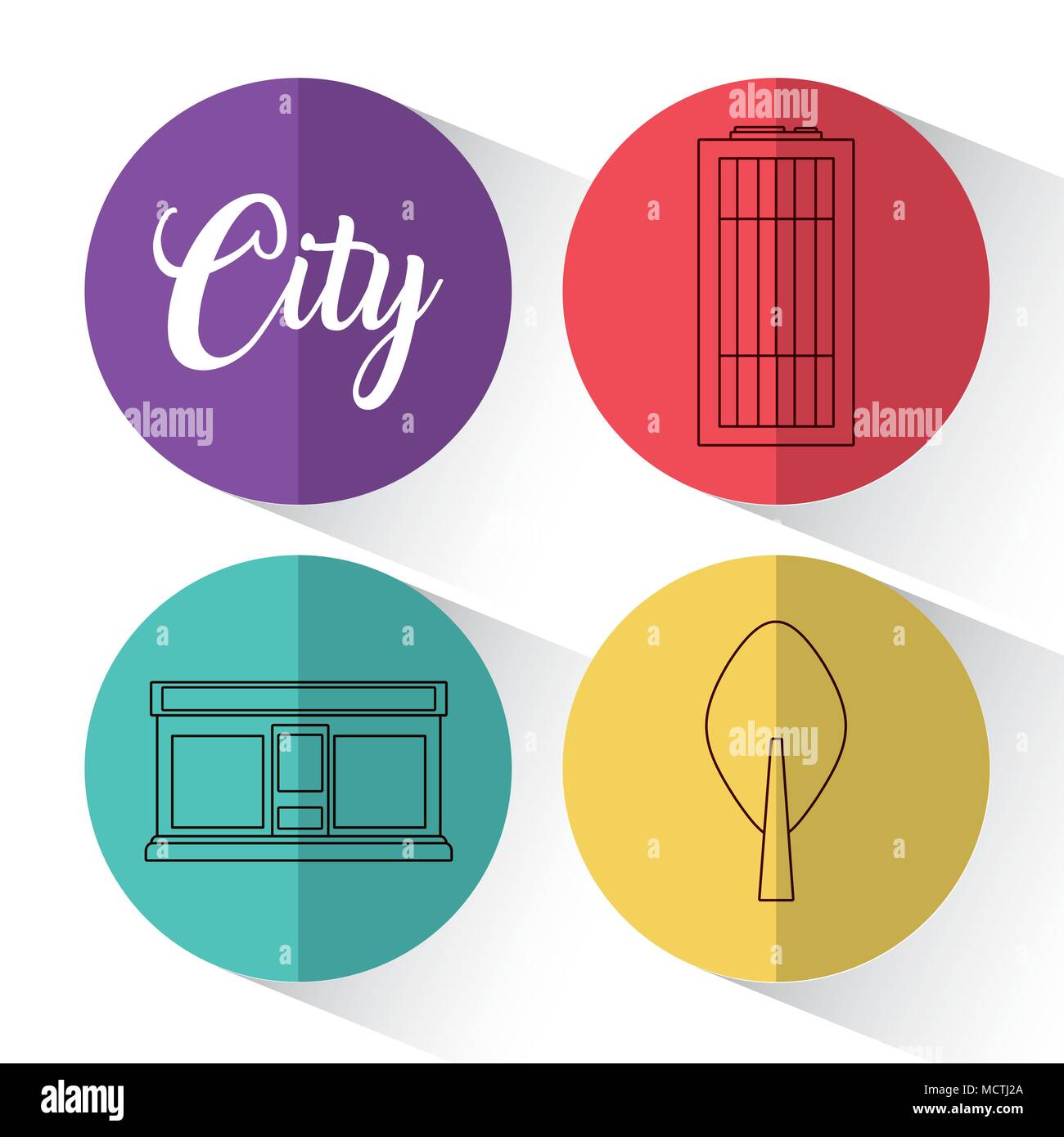 city elements set over colorful circles and white background, vector ...