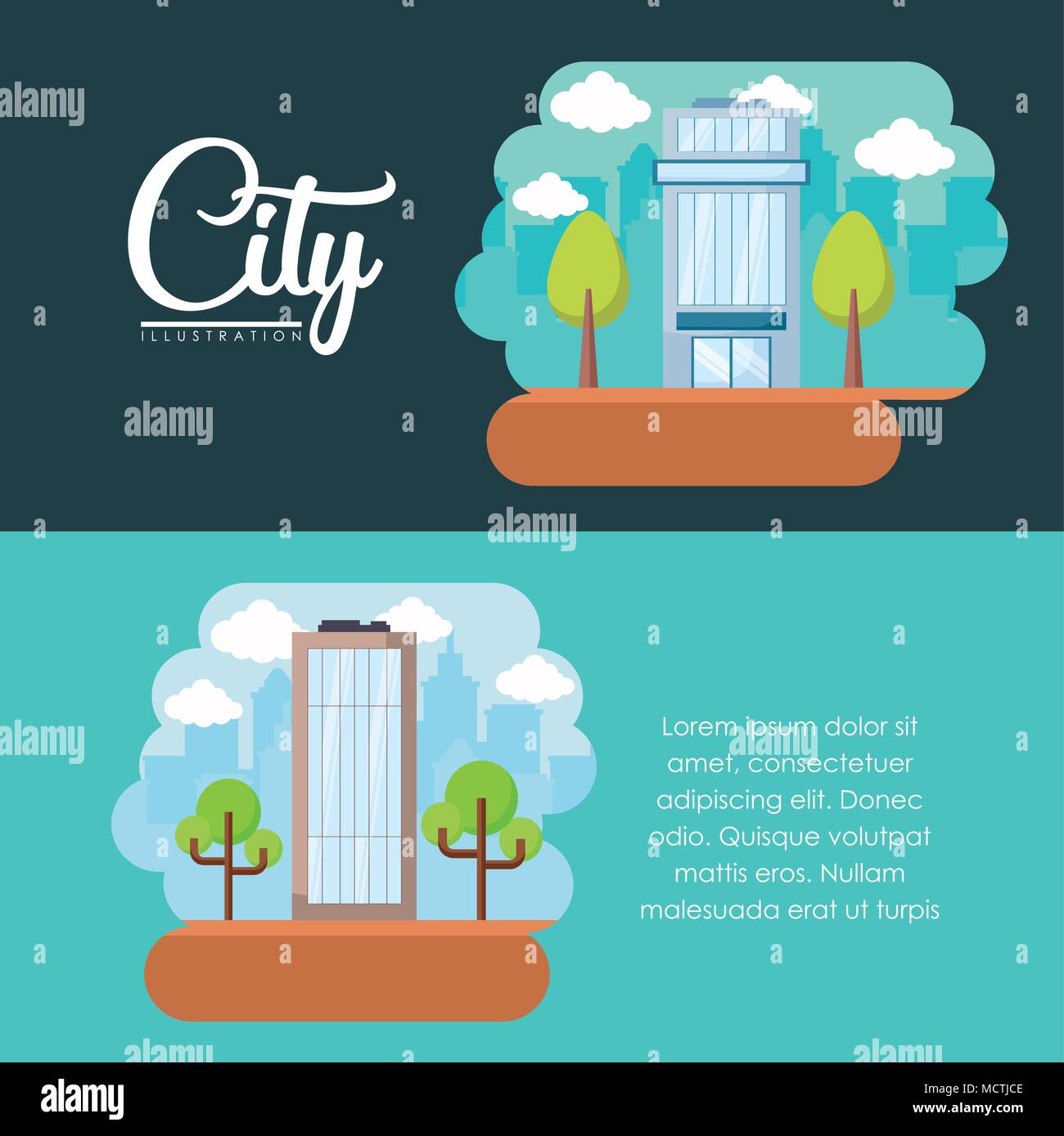 Infographic of city concept with city buildings over turquoise ...