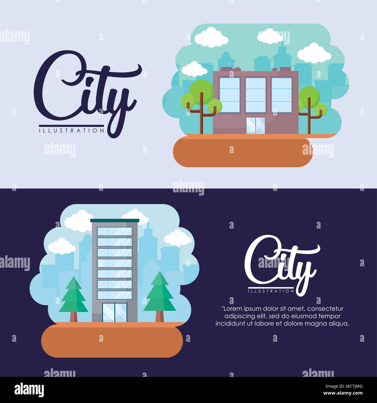 Infographic of city concept with city buildings and trees over blue ...