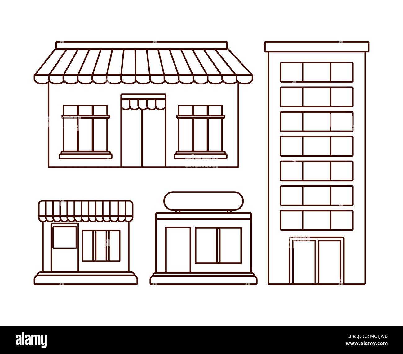 icon set of city buildings and stores over white background, line ...