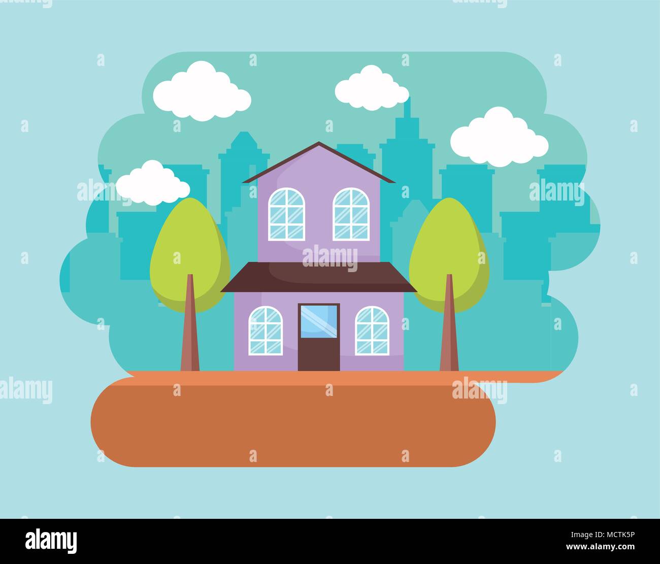 two-floor house with trees over blue background, colorful design ...