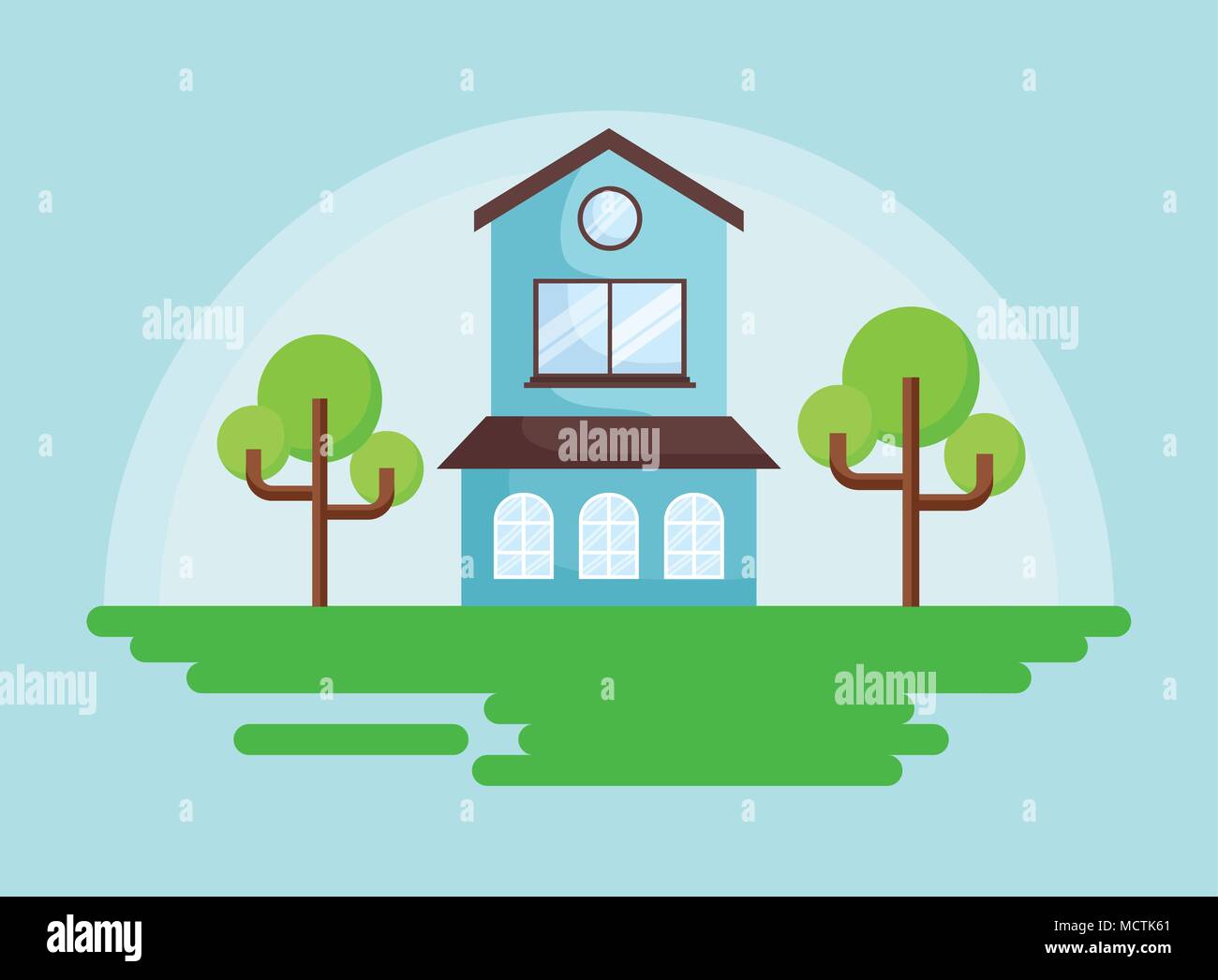 two-floor modern house with trees over blue background, colorful design ...