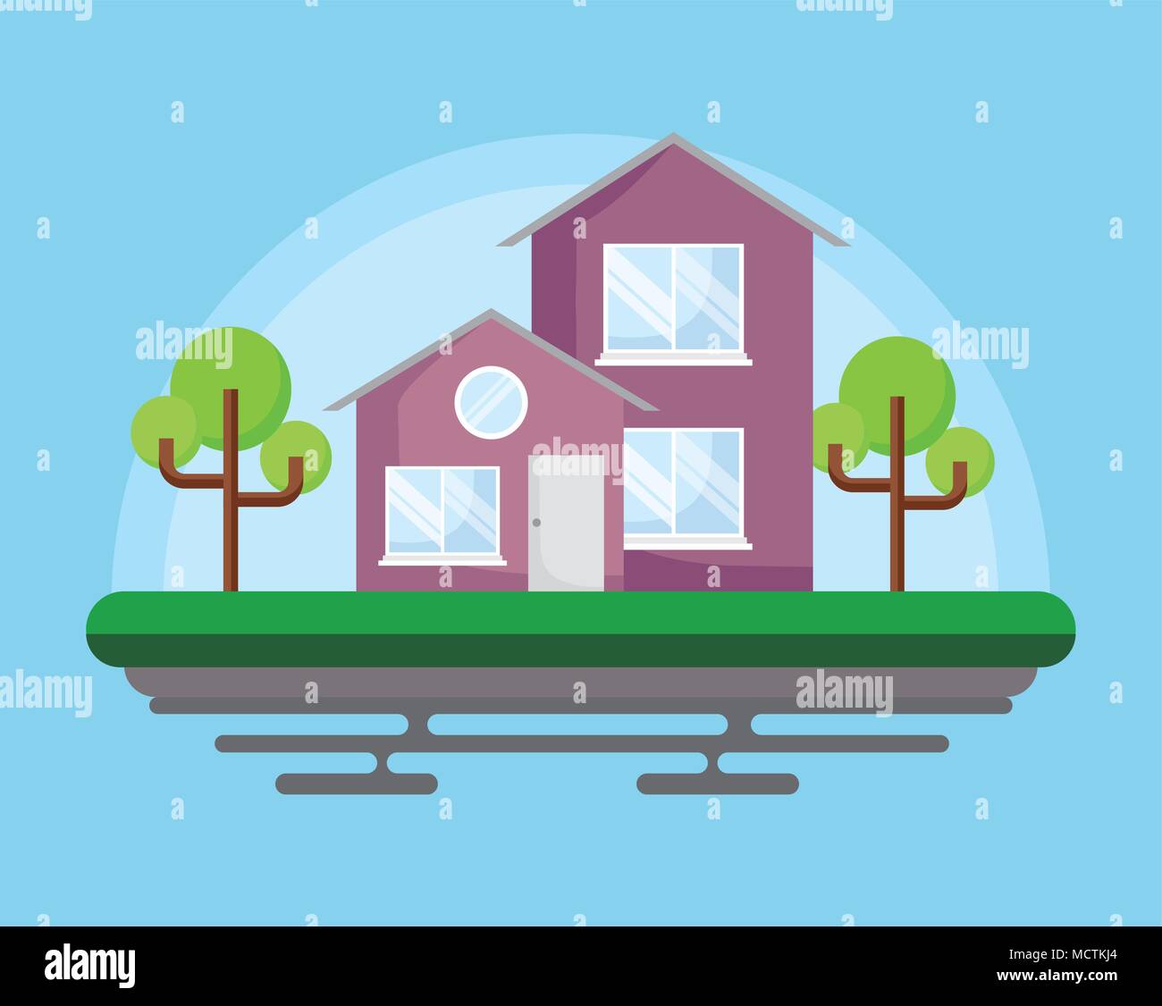 two-floor house with trees over blue background, colorful design ...