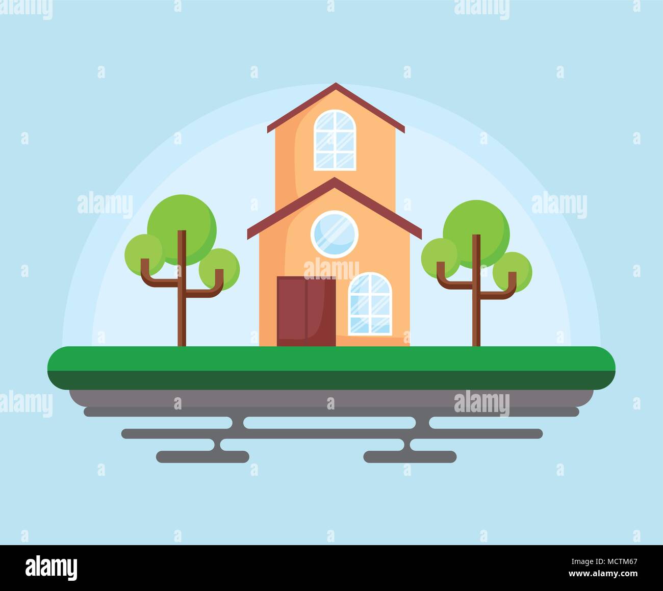 two-floor house with trees over blue background, colorful design ...