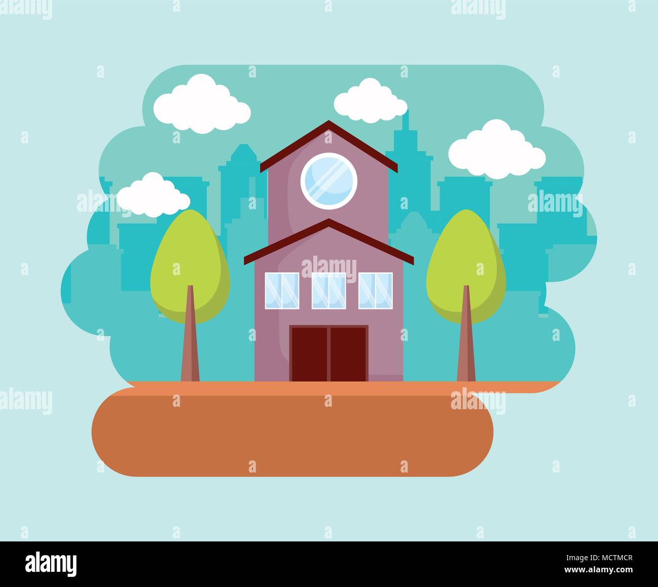 two-floor house with trees over blue background, colorful design ...