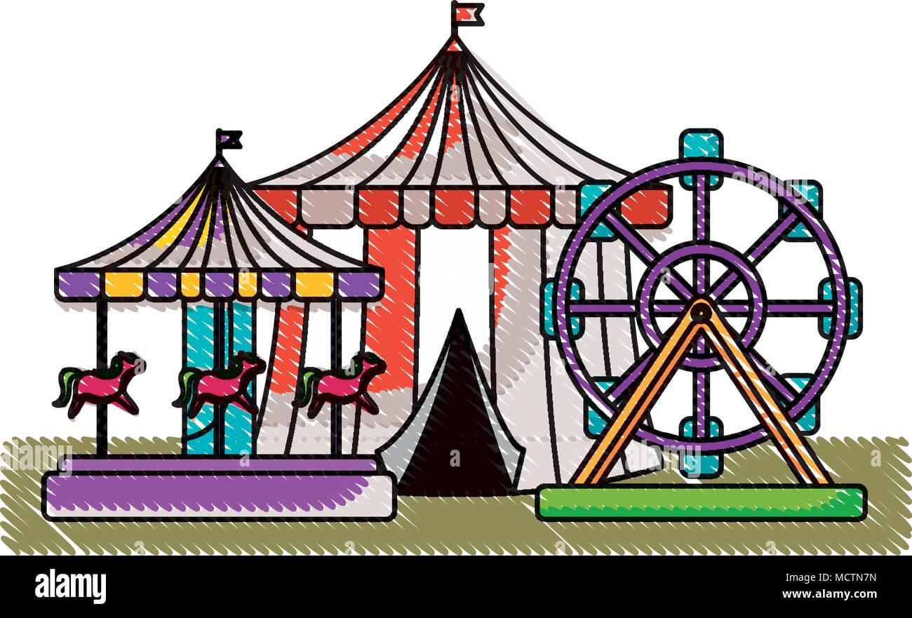 circus carnival design with circus tent with carousel and ferris wheel ...