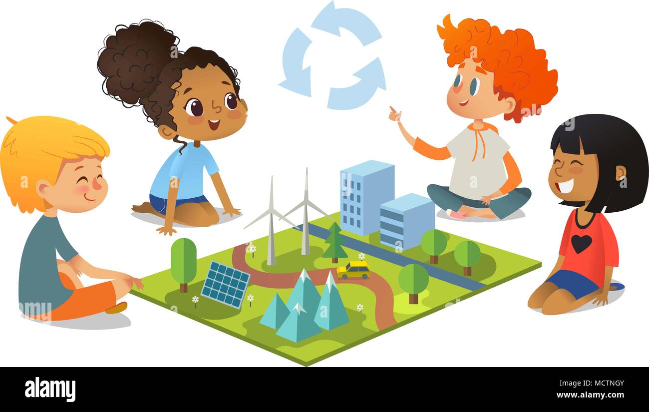 Children sitting on floor explore toy landscape, mountains, Eco-green ...