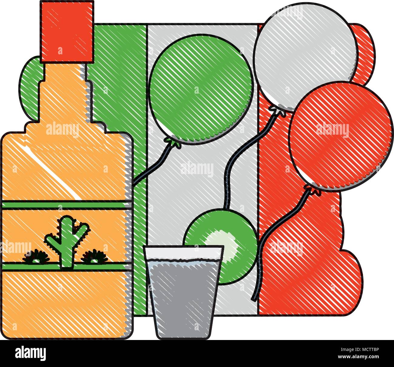 flag of mexico tequila bottle and shot icon over white background ...