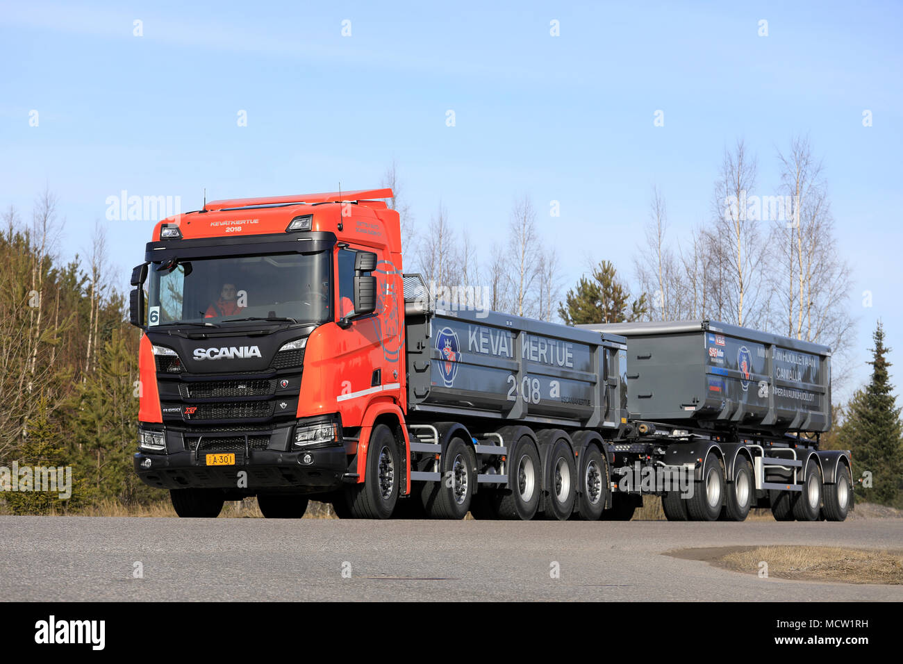 LIETO, FINLAND - APRIL 12, 2018: Orange Scania R650 B10X4 XT gravel ...