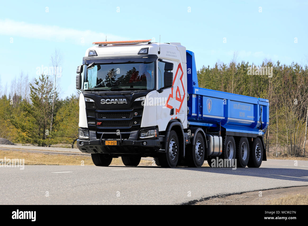 LIETO, FINLAND - APRIL 12, 2018: White new Scania R520 10X4 XT tipper ...