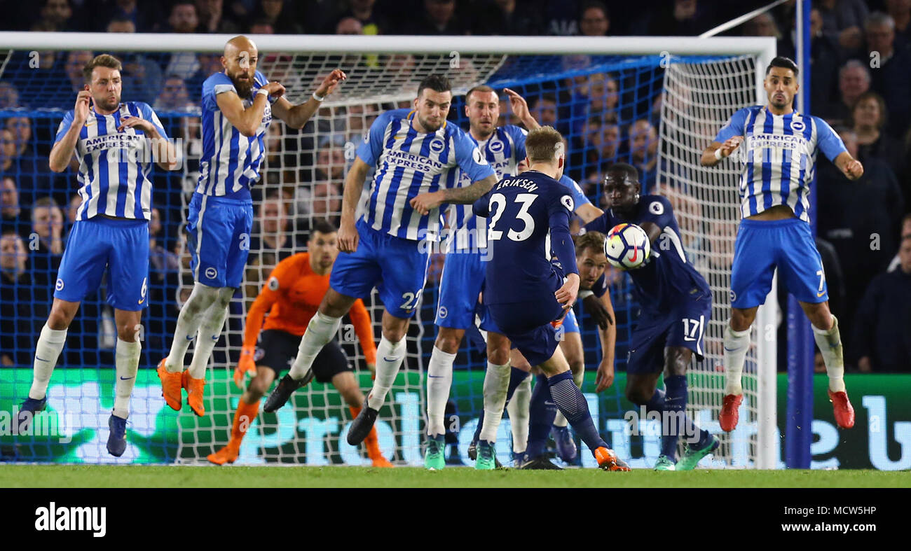 Tottenham Hotspur's Christian Eriksen has a free-kick blocked during ...