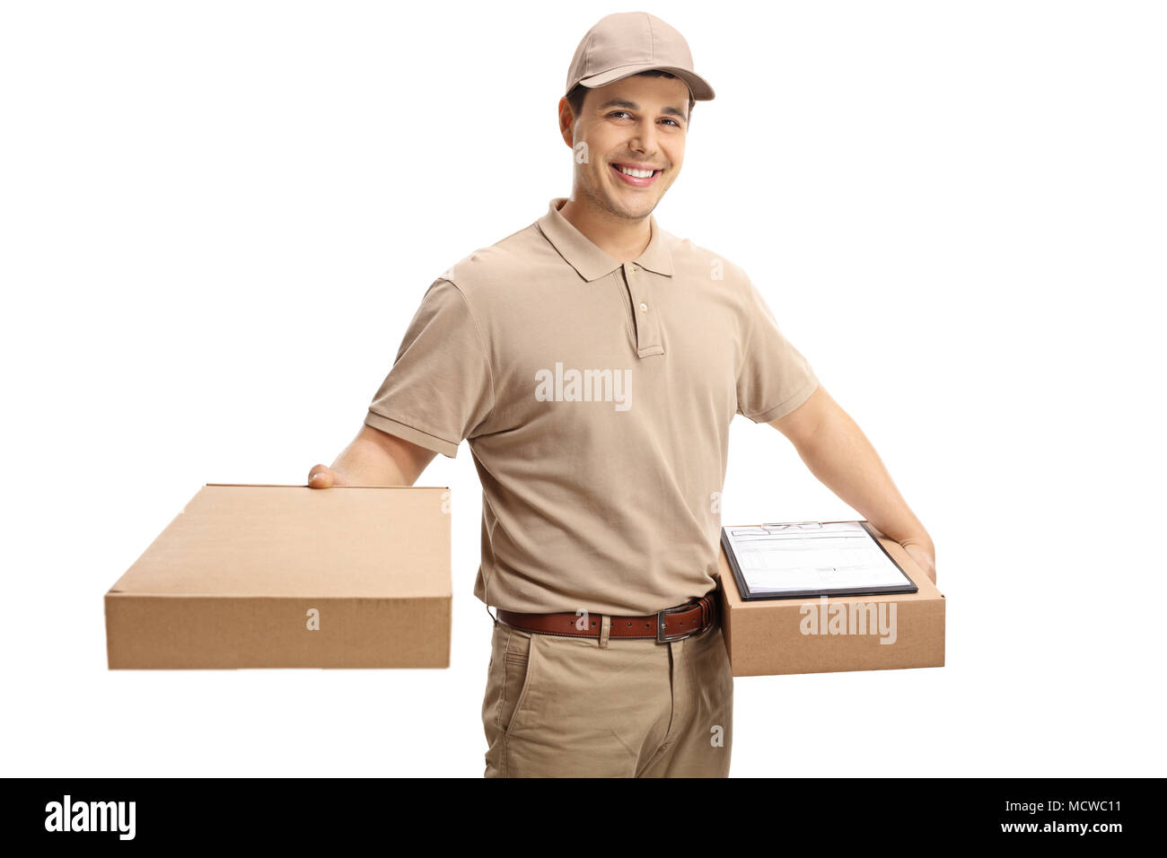 Delivery man giving a package isolated on white background Stock Photo ...